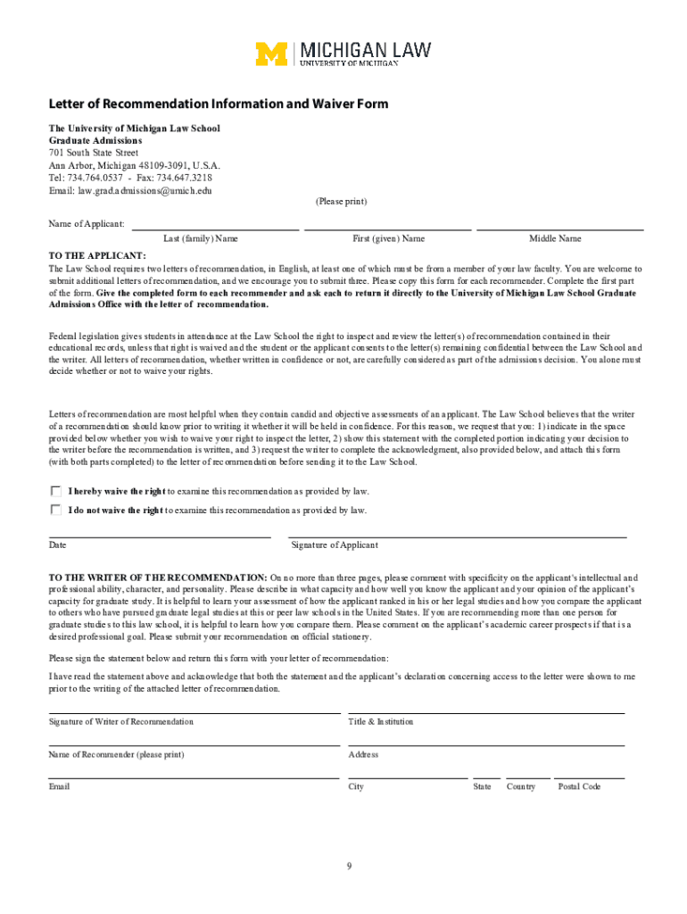 Fillable Online Letter of Recommendation Information and Waiver Form ...