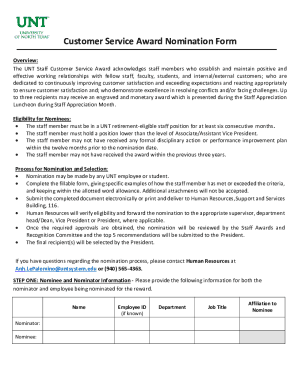 Fillable Online Customer Service Award Nomination Form - president.unt ...