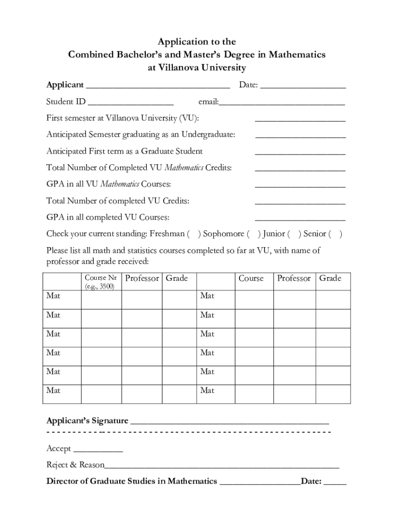 Fillable Online www1 villanova Application to the Combined Bachelors ...
