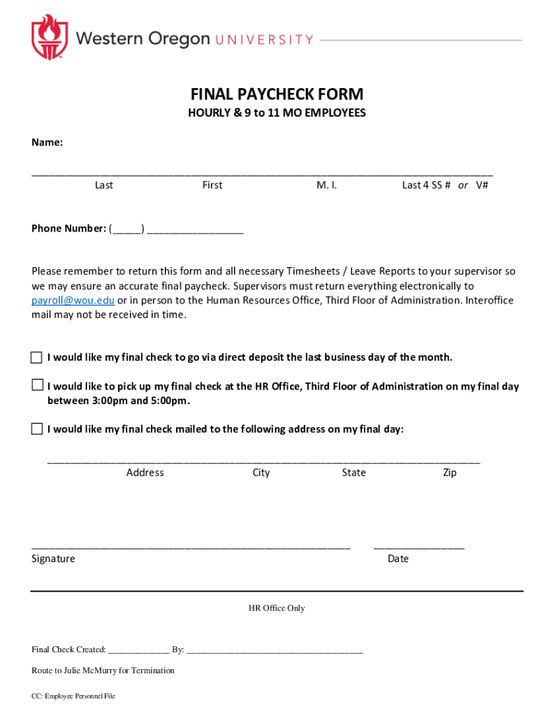 Fillable Online FINAL PAYCHECK FORM - WOU Fax Email Print - pdfFiller