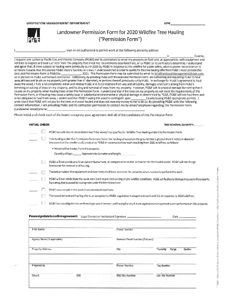 Fillable Online Landowner Permission Form for 2020 Wildfire Tree ...