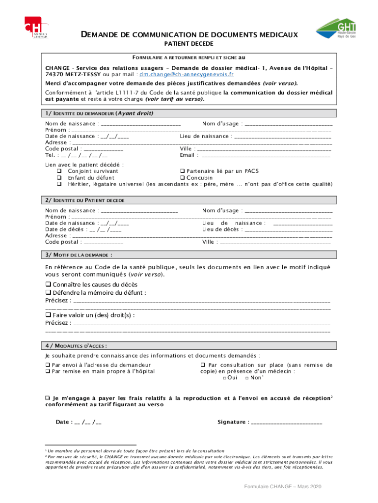 Remplissable En Ligne Demander le dossier medical d une personne dcdel ...