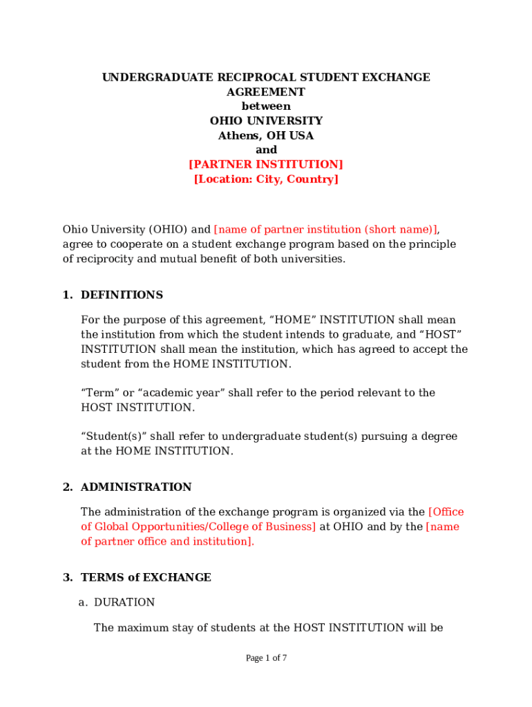 UNDERGRADUATE RECIPROCAL STUDENT EXCHANGE AGREEMENT Doc Template | pdfFiller