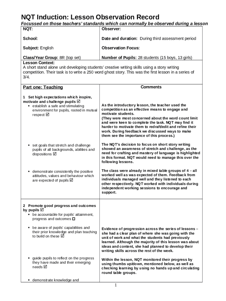 NQT Induction Lesson Observation Record Doc Template Doc Template NQT Induction Lesson Observation Record Doc Template Doc Template