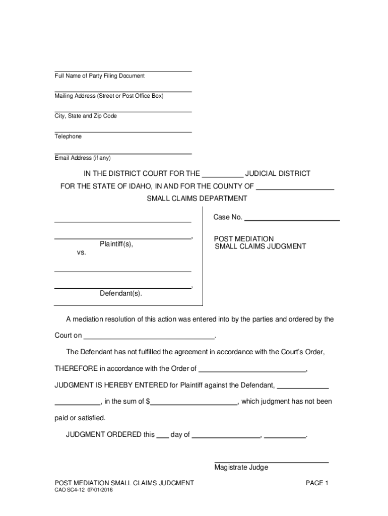 Fillable Online courtselfhelp idaho SMALL CLAIMS MOTION TO APPEAR BY ...