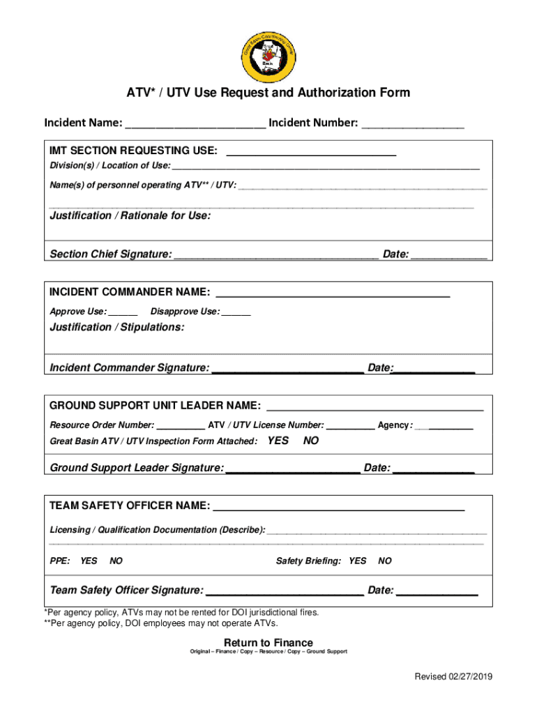 Fillable Online gacc nifc ATV* / UTV Use Request and Authorization Form ...
