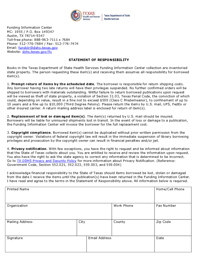 Fillable Online Statement of Responsibility - dshs.texas.gov Fax Email ...
