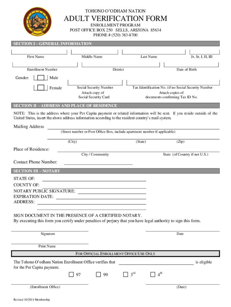 Fillable Online FORMA DE VERIFICACION DE ADULTO - Tohono O'odham Nation ...