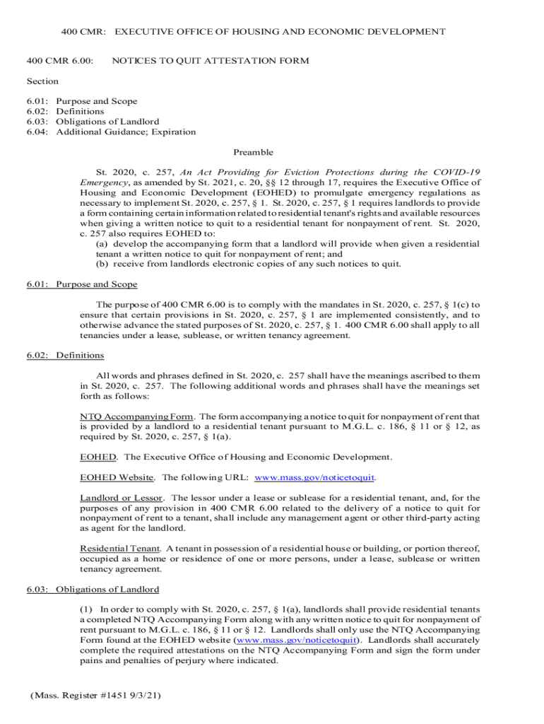 Fillable Online 400 CMR 6. NOTICES TO QUIT ATTESTATION FORM (Mass ...