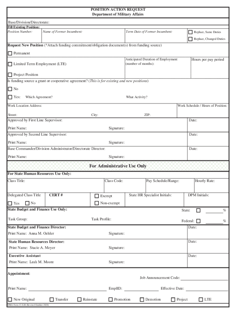 Fillable Online dma wi Postion Action Request. DMA Form 12-E-R Fax ...