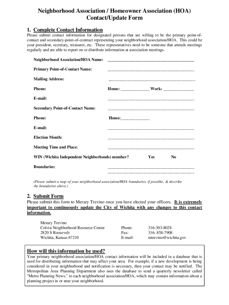 Fillable Online Neighborhood Association / Homeowner Association (HOA ...