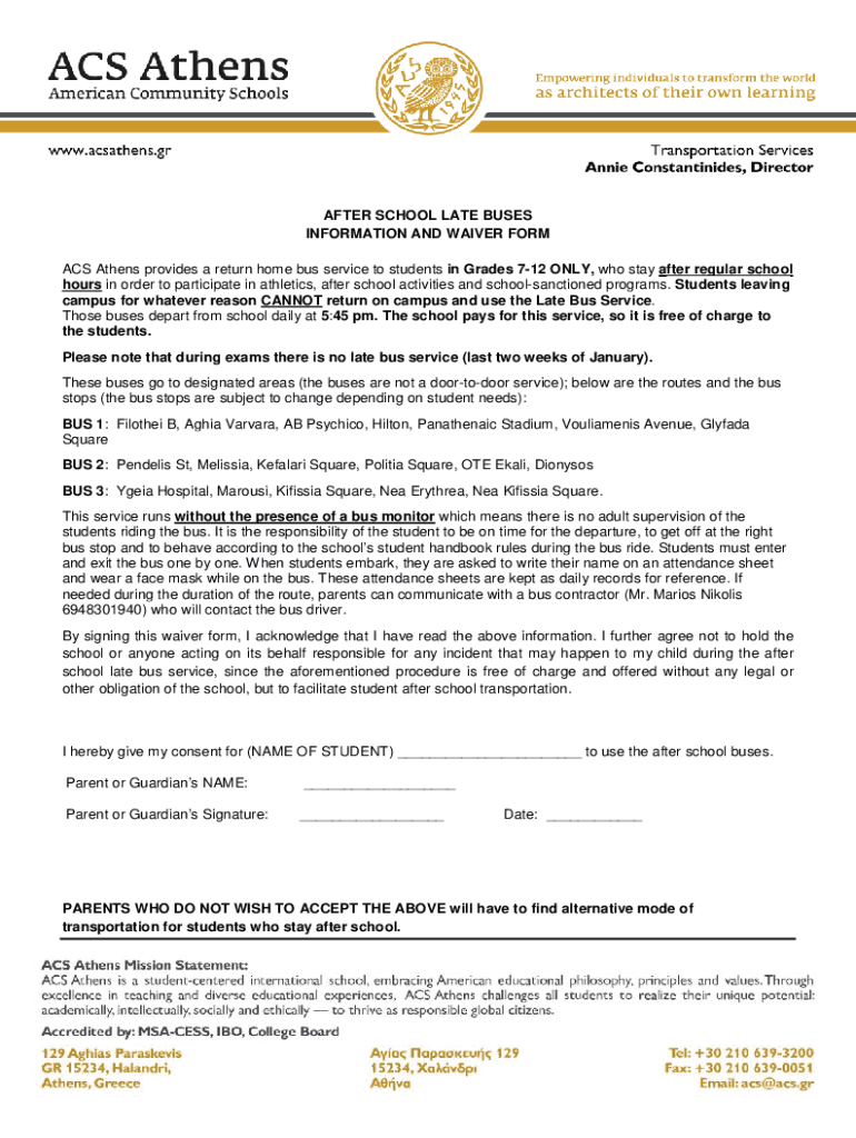 Fillable Online AFTER SCHOOL LATE BUSES INFORMATION AND WAIVER FORM in ...