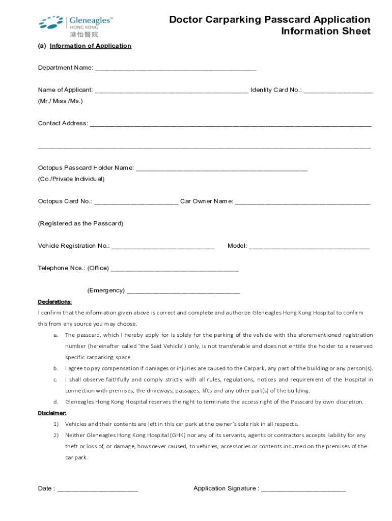 Fillable Online Doctor Carparking Passcard Application Information ...
