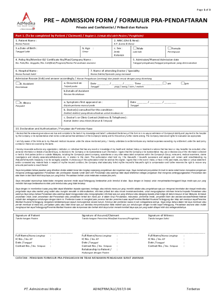 Fillable Online Page 1 3 PRE ADMISSION FORM / FORMULIR PRA-PENDAFTARAN ...