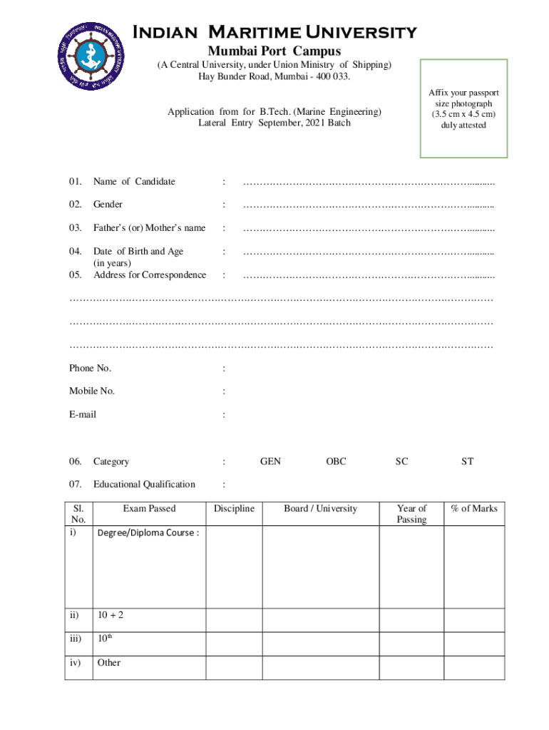 Fillable Online INDIAN MARITIME UNIVERSITY INDIAN MARITIME UNIVERSITY Fax Email Print - pdfFiller