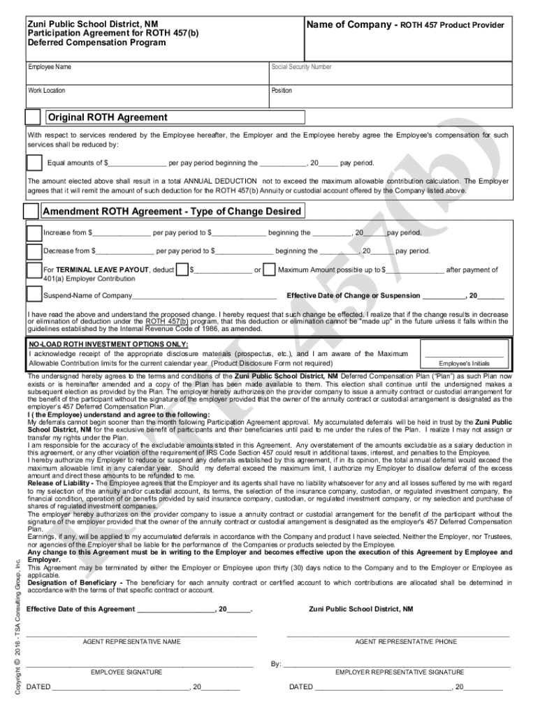 Fillable Online Participation Agreement for ROTH 457(b) Fax Email Print ...