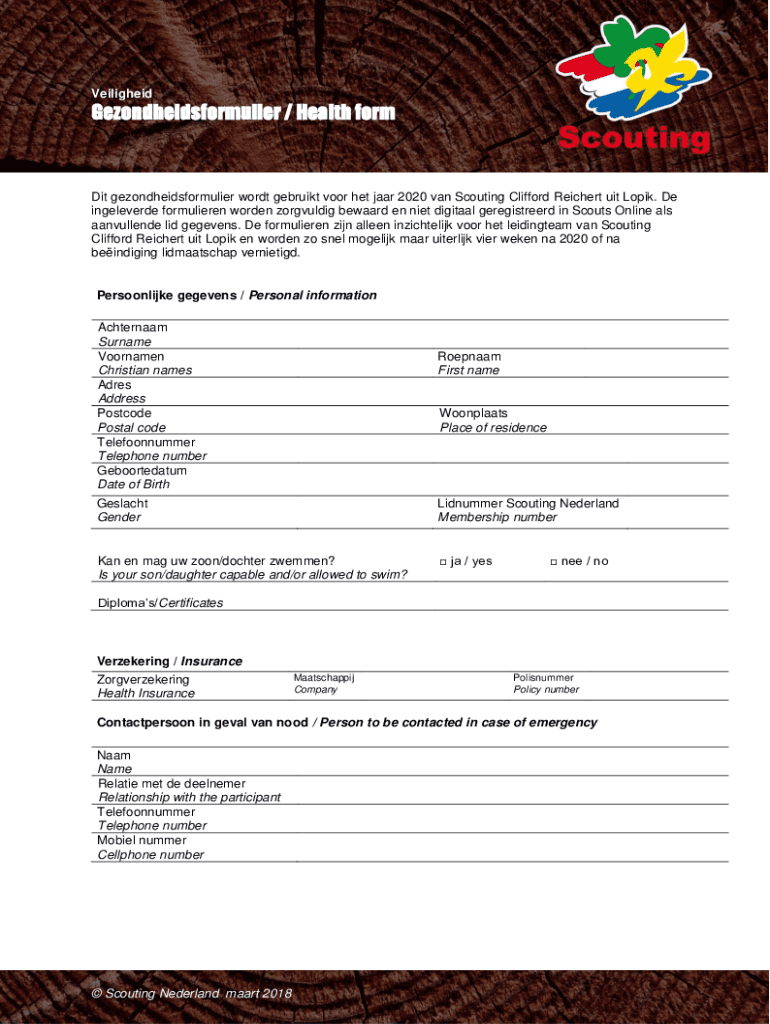 Fillable Online Gezondheidsformulier / Health Form - Scouting Willem ...