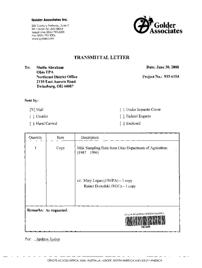 Fillable Online GOLDER ASSOCIATES TRANSMITTAL LETTER RE. Region ID Fax ...