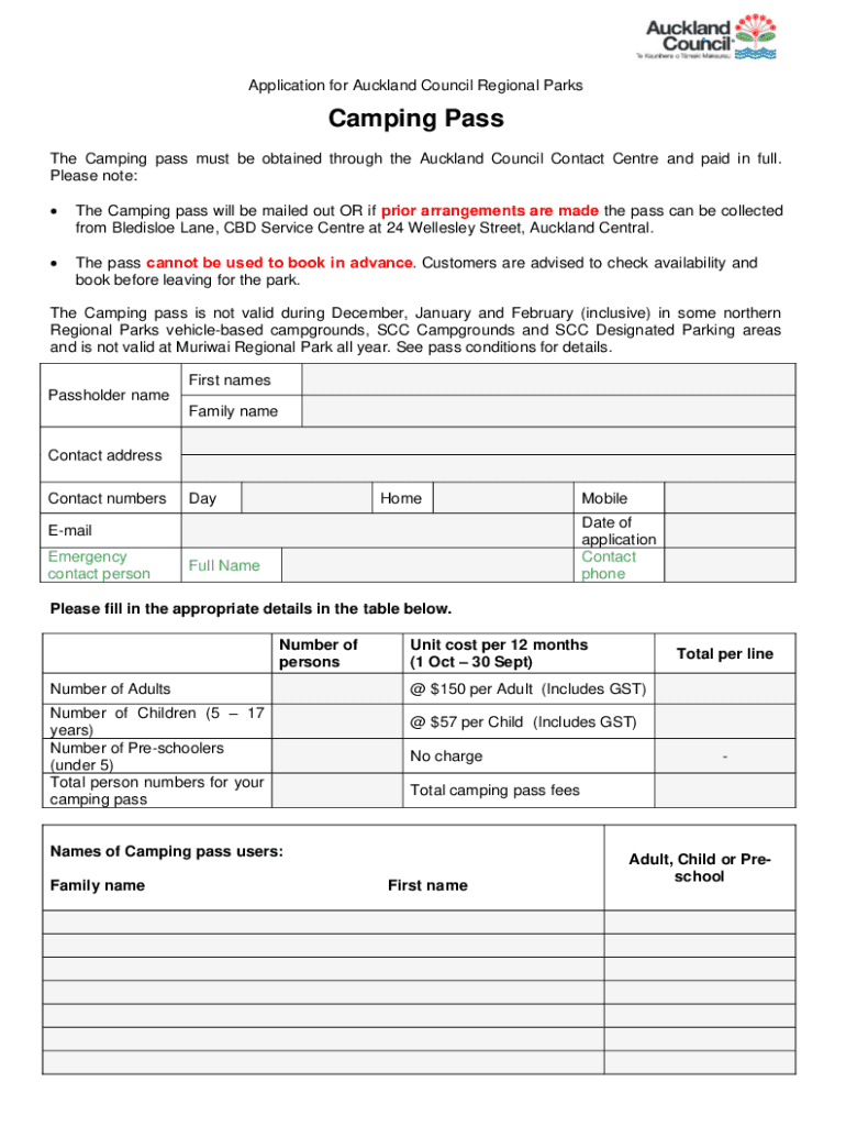 Fillable Online Application for Auckland Council Regional Parks Camping ...