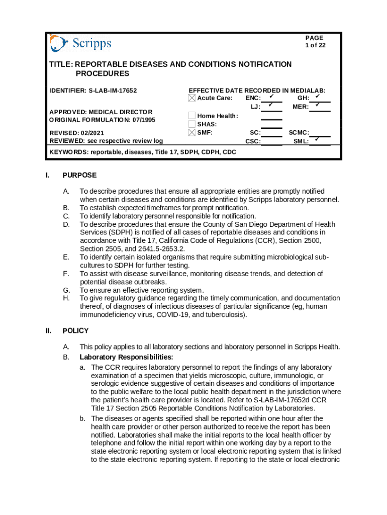 TITLE: REPORTABLE DISEASES AND CONDITIONS NOTIFICATION PROCEDURES Doc ...