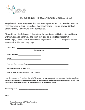 Fillable Online Patron Request for Video or Call Recording form (1 ...
