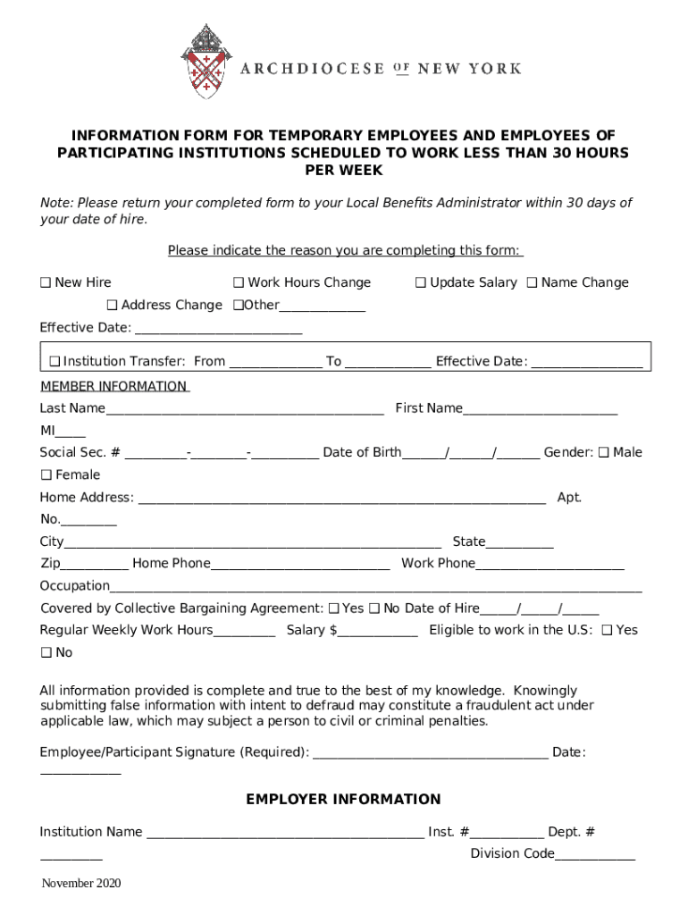 Ination for Temporary Employees Work Less Than 30 ... Doc Template | pdfFiller
