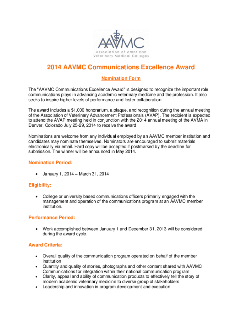 Fillable Online 2016 AAVMC Communications Excellence Award to be ...
