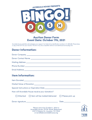 Fillable Online Bingo Auction Donor Form - avondalehouse.org Fax Email ...