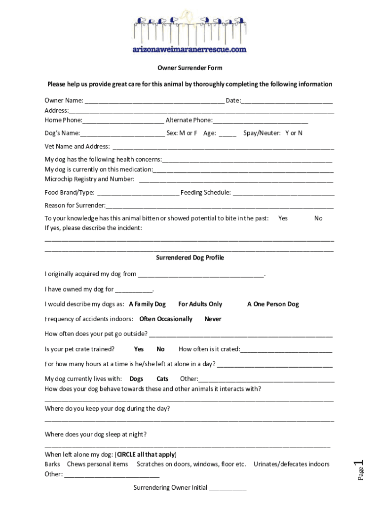 Fillable Online Surrender Form - Animal rescueTake Paws RescueLouisiana ...