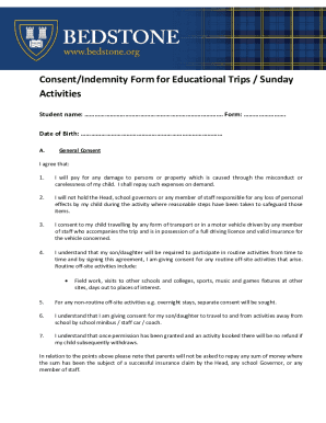 Fillable Online Consent/Indemnity Form for Educational Trips / Sunday ...
