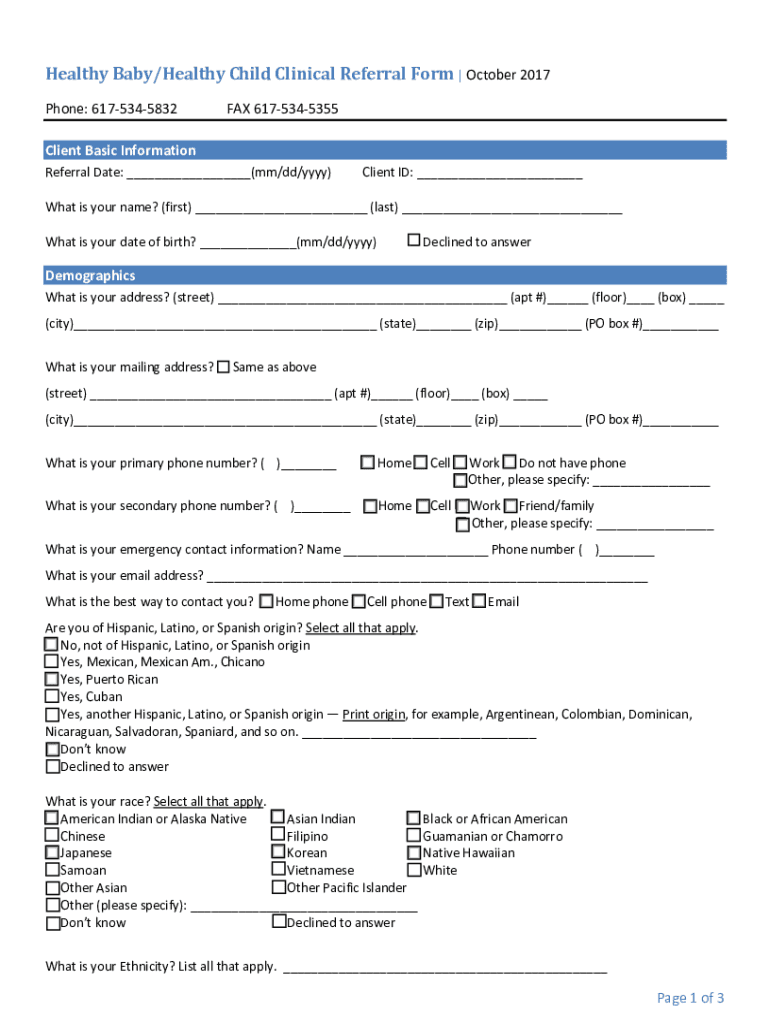 Fillable Online Healthy Baby/Healthy Child Clinical Referral Form Fax ...