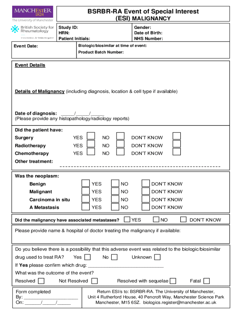Fillable Online BSRBR-RA Event of Special Interest (ESI) SERIOUS INFECTION Fax Email Print ...