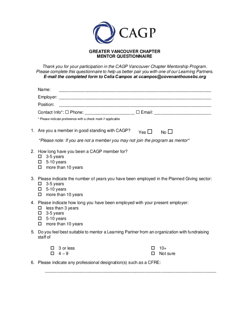 Fillable Online GREATER VANCOUVER CHAPTER MENTOR QUESTIONNAIRE Fax ...