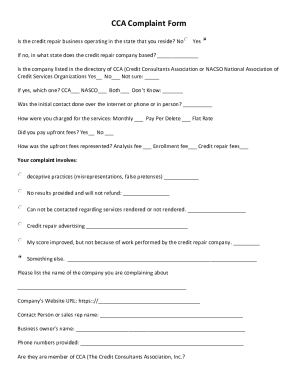 Fillable Online CCA Complaint Form - ccasite.org Fax Email Print ...