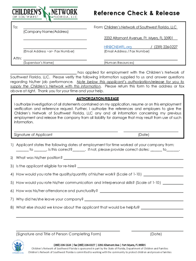 Fillable Online Reference Check & Release Fax Email Print - pdfFiller