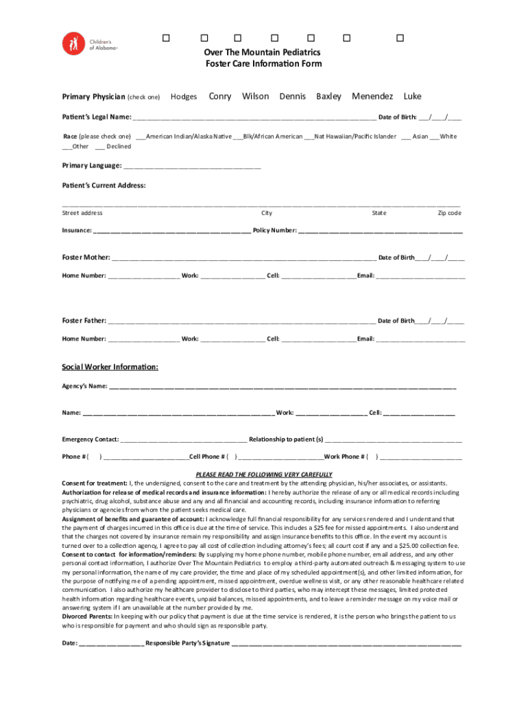 Fillable Online Foster Care Form - Children's of Alabama Fax Email ...