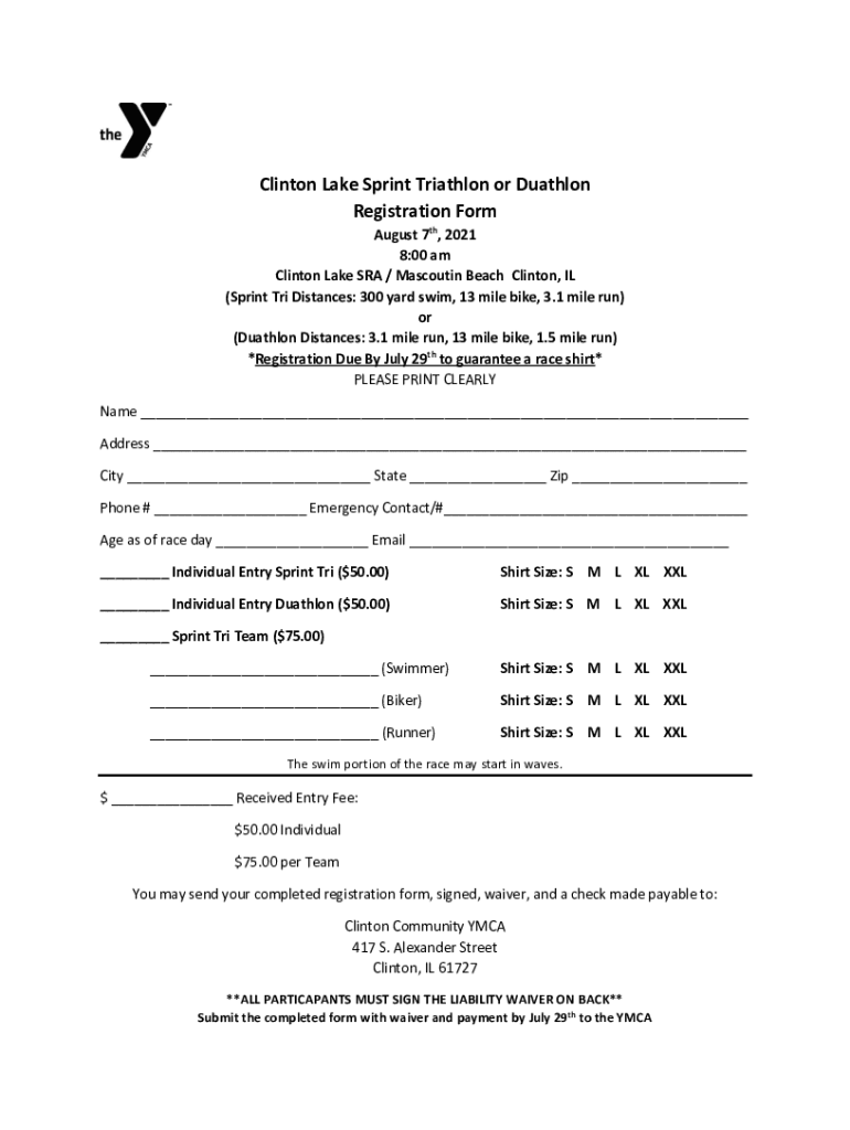 Fillable Online Clinton Lake Sprint Triathlon or Duathlon Registration ...