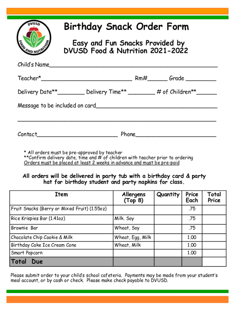 Fillable Online Fillable Online Birthday Snack Order Form - Deer Valley ...