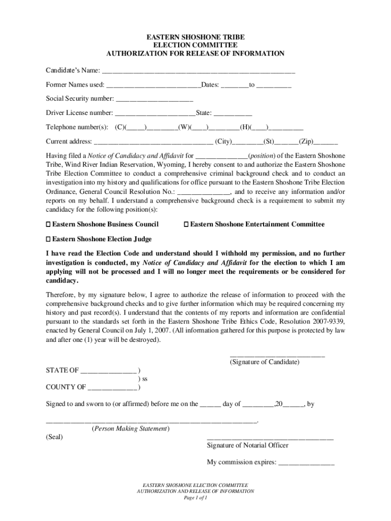Fillable Online EASTERN SHOSHONE TRIBE ELECTION COMMITTEE AUTHORIZATION ... Fax Email Print ...