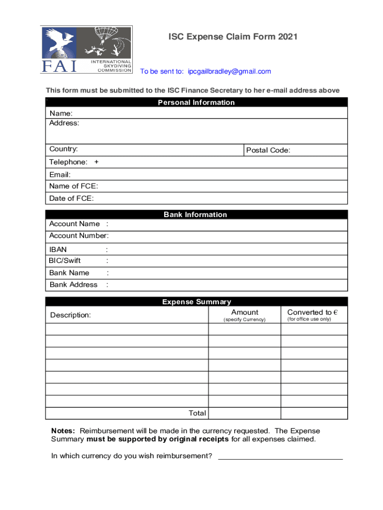 Fillable Online ISC Expense Claim Form 2021 - fai.org Fax Email Print ...