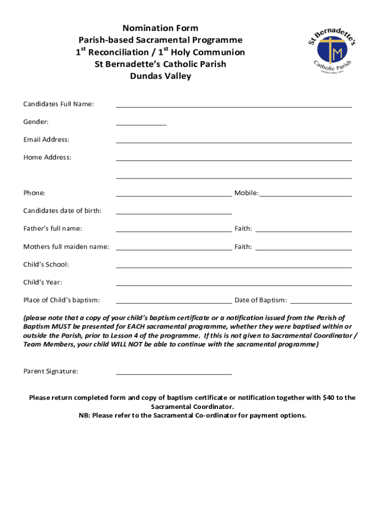 Fillable Online FIRST RECONCILIATION/FIRST HOLY COMMUNION PROGRAM Fax ...