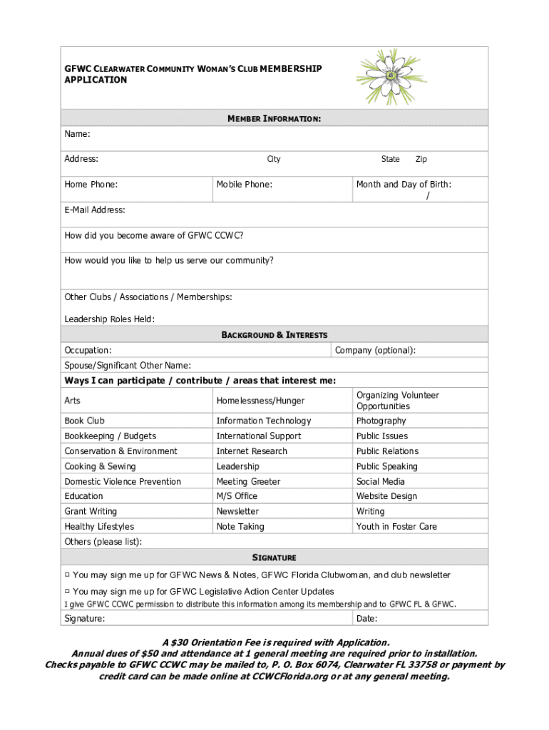 Fillable Online GFWC CLEARWATER COMMUNITY WOMANS CLUB MEMBERSHIP Fax ...