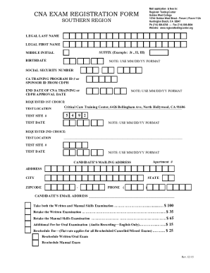 Fillable Online Mail application & fees to: CNA EXAM REGISTRATION FORM ...