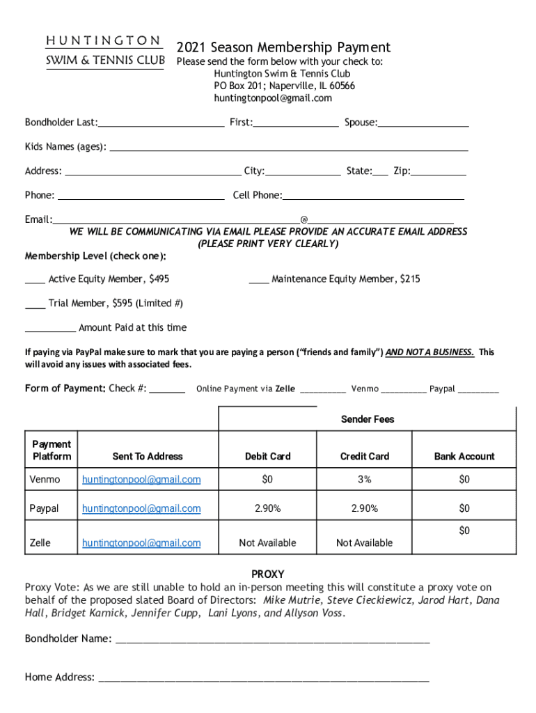 Fillable Online 2021 Season Membership Payment- Registration Form Fax ...