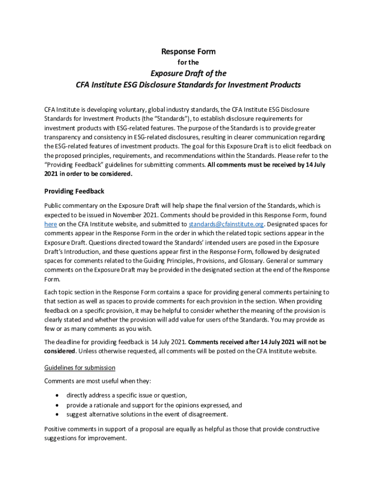 Fillable Online for the Exposure Draft of the CFA Institute ESG ...