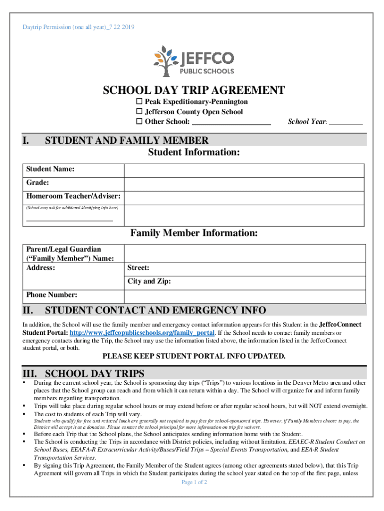 Fillable Online SCHOOL DAY TRIP AGREEMENT Fax Email Print - pdfFiller
