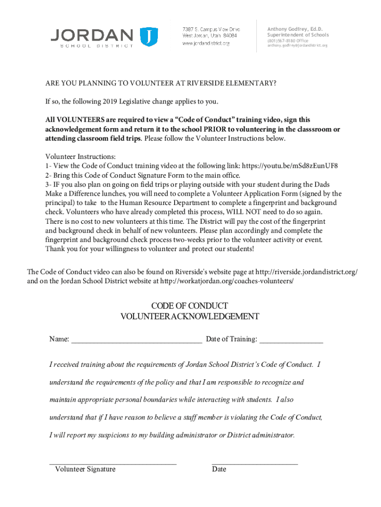 Fillable Online riverside jordandistrict Code of Conduct Signature form ...
