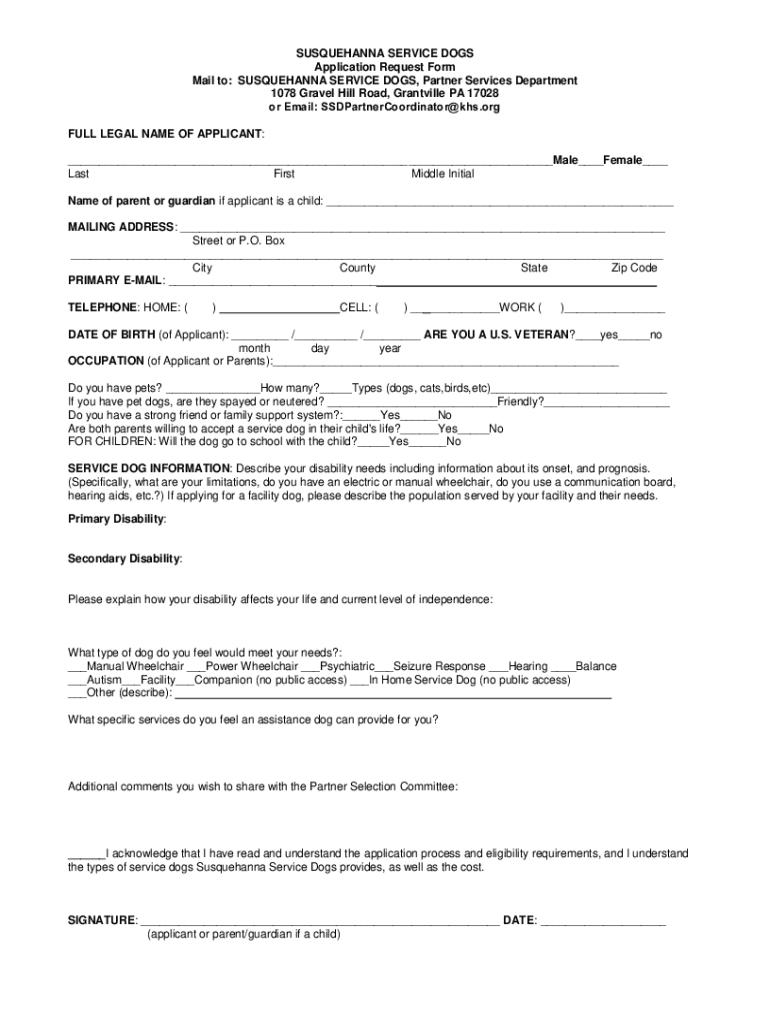 Fillable Online Susquehanna Service Dogs Application Request Form Fax ...