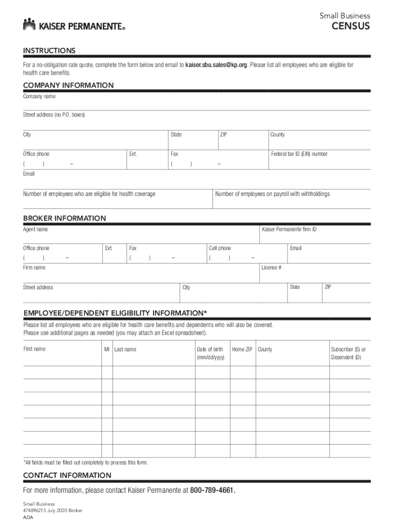 Fillable Online 2020 July Census Form - Broker - Steve Shorr Insurance ...