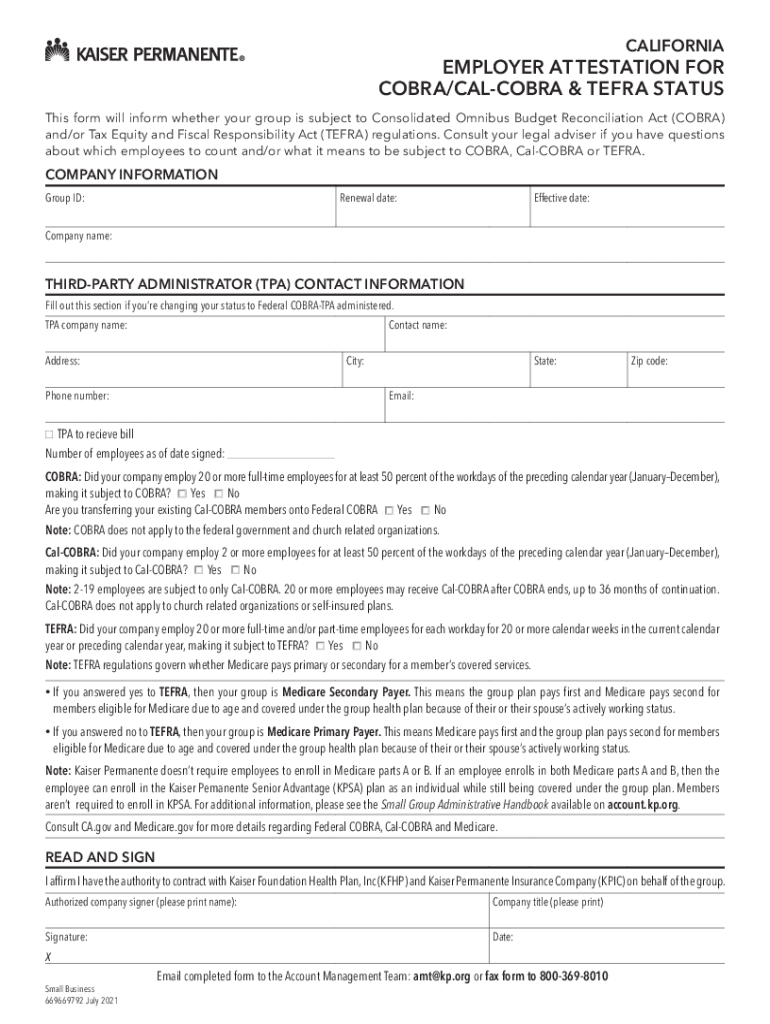 Fillable Online Employer Attestation for COBRA Cal-COBRA & TEFRA Status ...